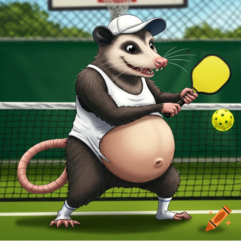 Cartoon opossum playing pickleball in white attire on Craiyon