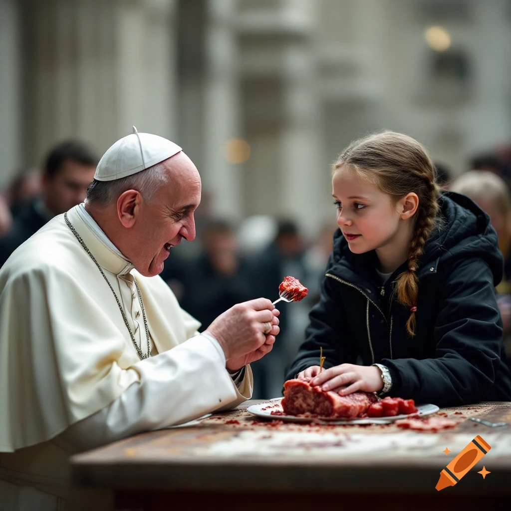 Pope Francis holds a fork with meat towards a young girl seated at a ...