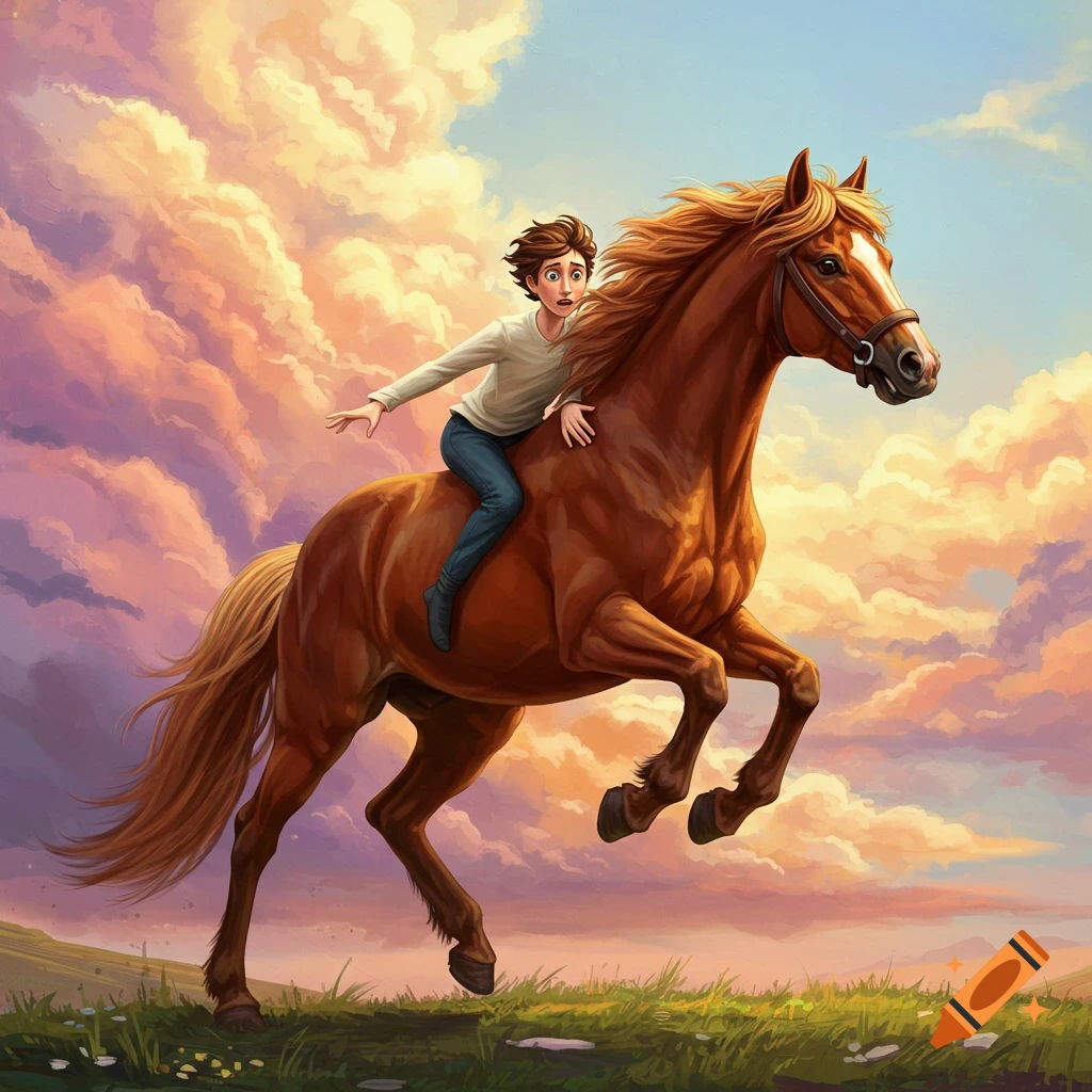 A person rides a horse under dramatic clouds at sunset. on Craiyon