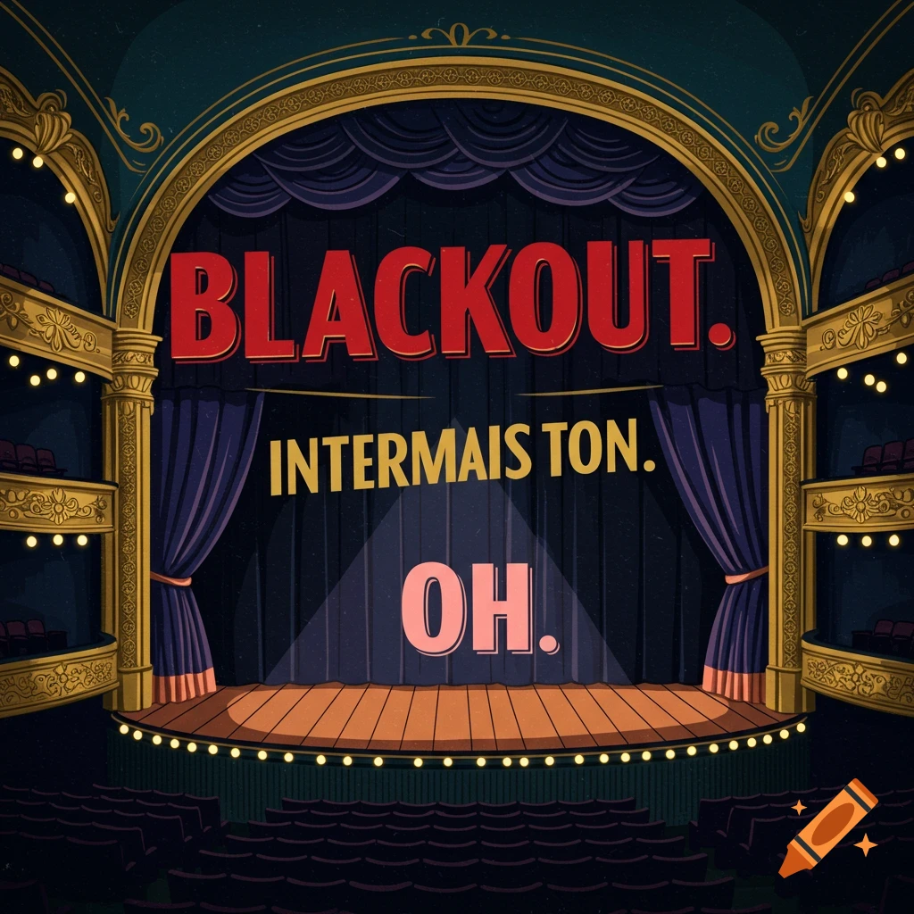Stylized text "blackout. intermission. oh" with stage theater elements ...