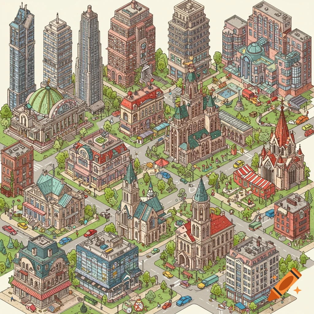 City drawing with various buildings on Craiyon