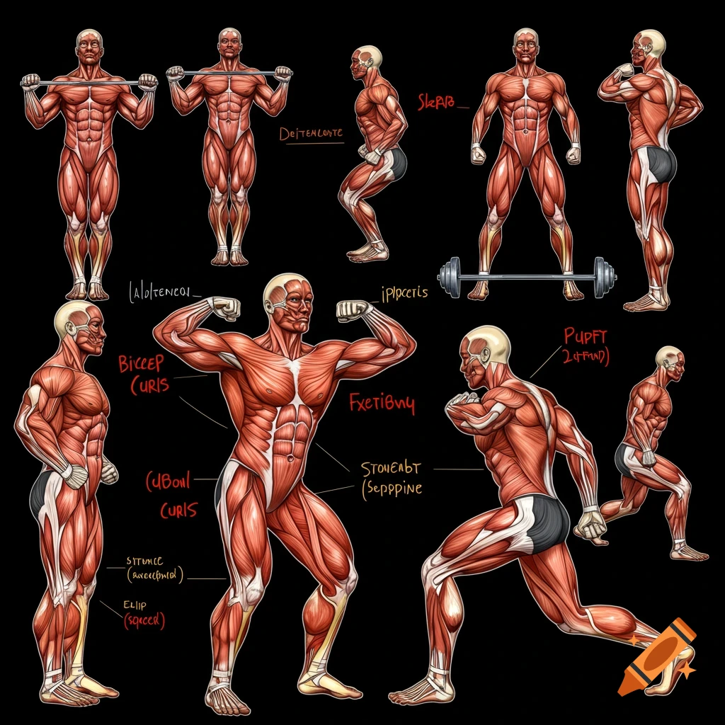 Anatomical diagrams of muscle groups during various exercises. on Craiyon