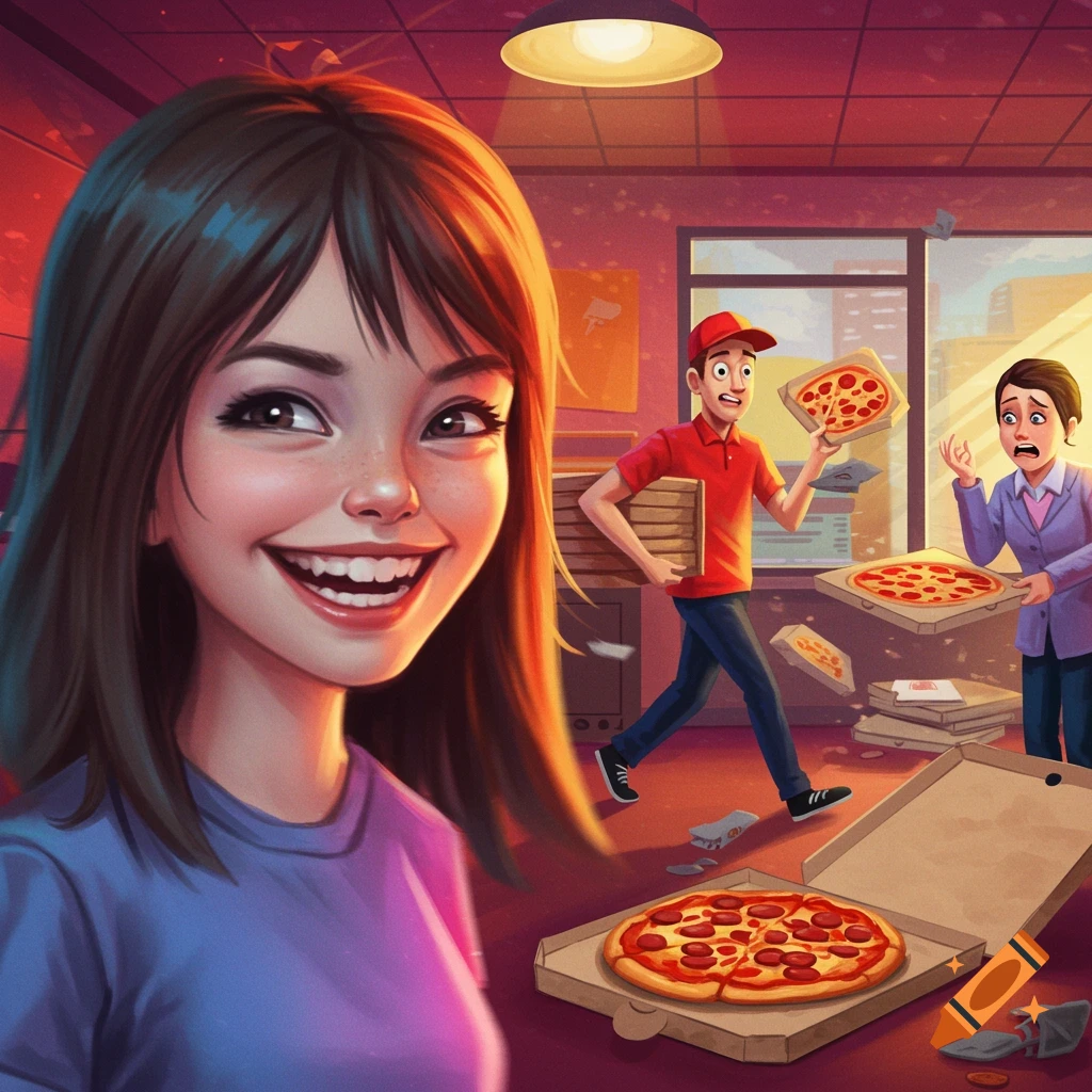Disaster girl meme with pizza delivery on Craiyon