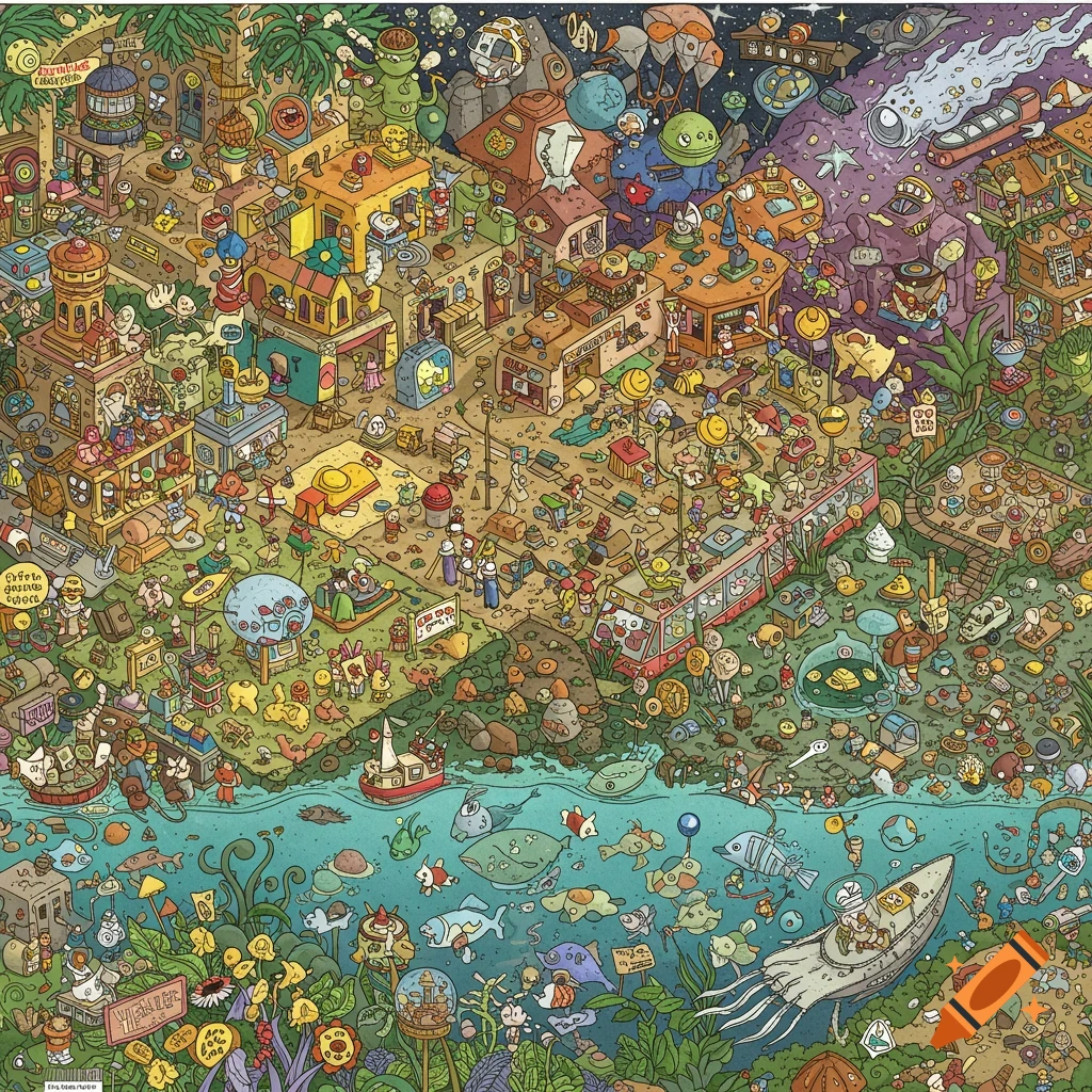 A chaotic, detailed illustration of a surreal Italian town square ...