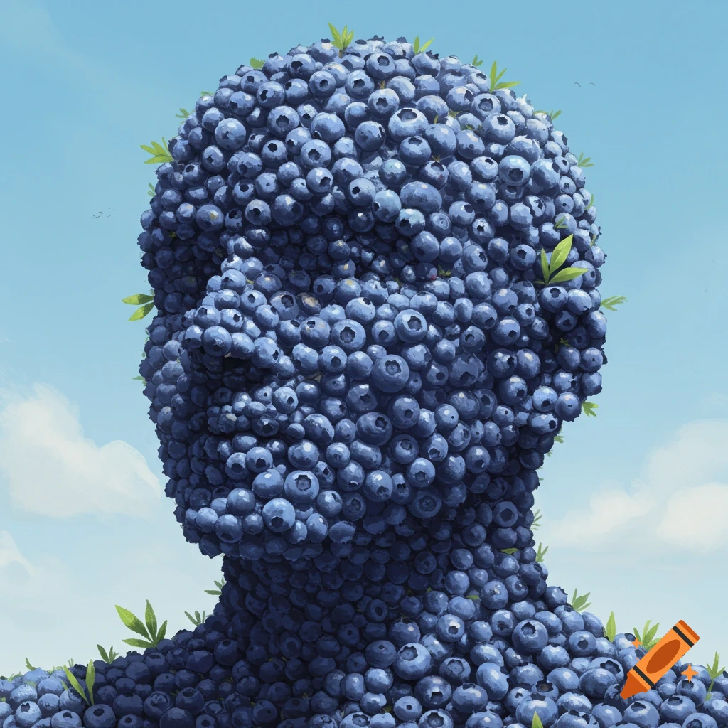 A human head formed from blueberries against a blue sky. on Craiyon
