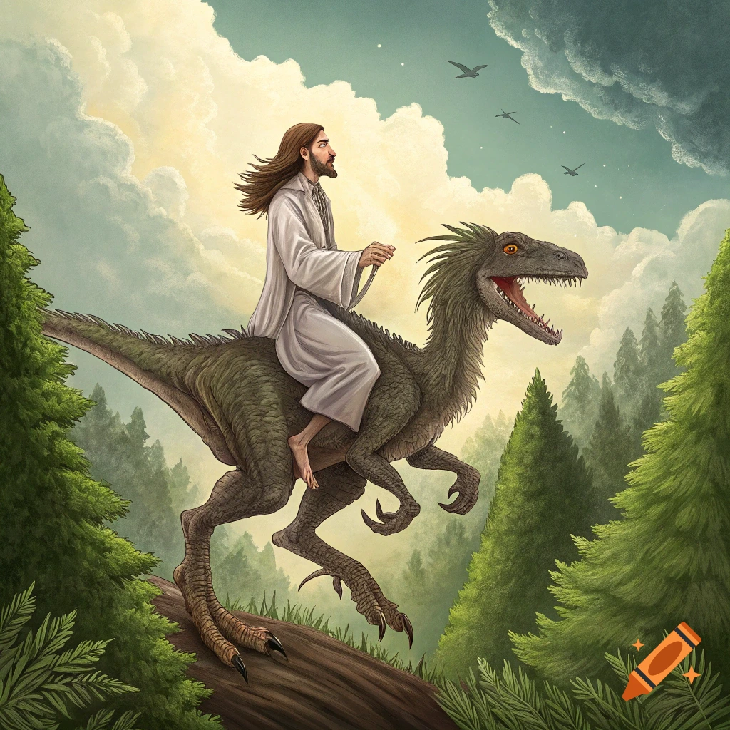 Illustration of Jesus riding a dinosaur through a forest, holding a ...