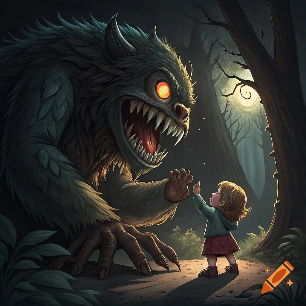 A large, furry monster with sharp teeth looms over a small child in a ...