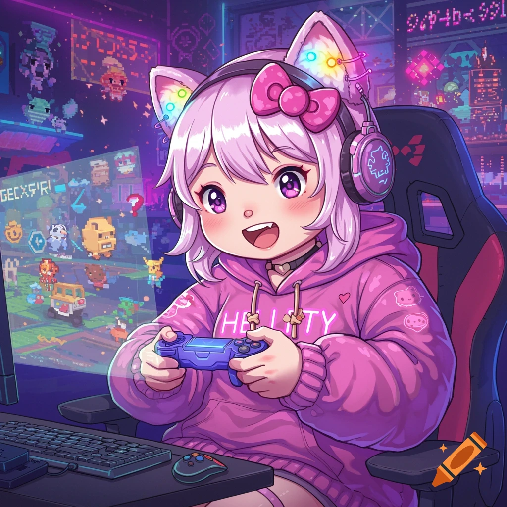 A cute anime girl with cat ears and headphones plays a video game in a ...