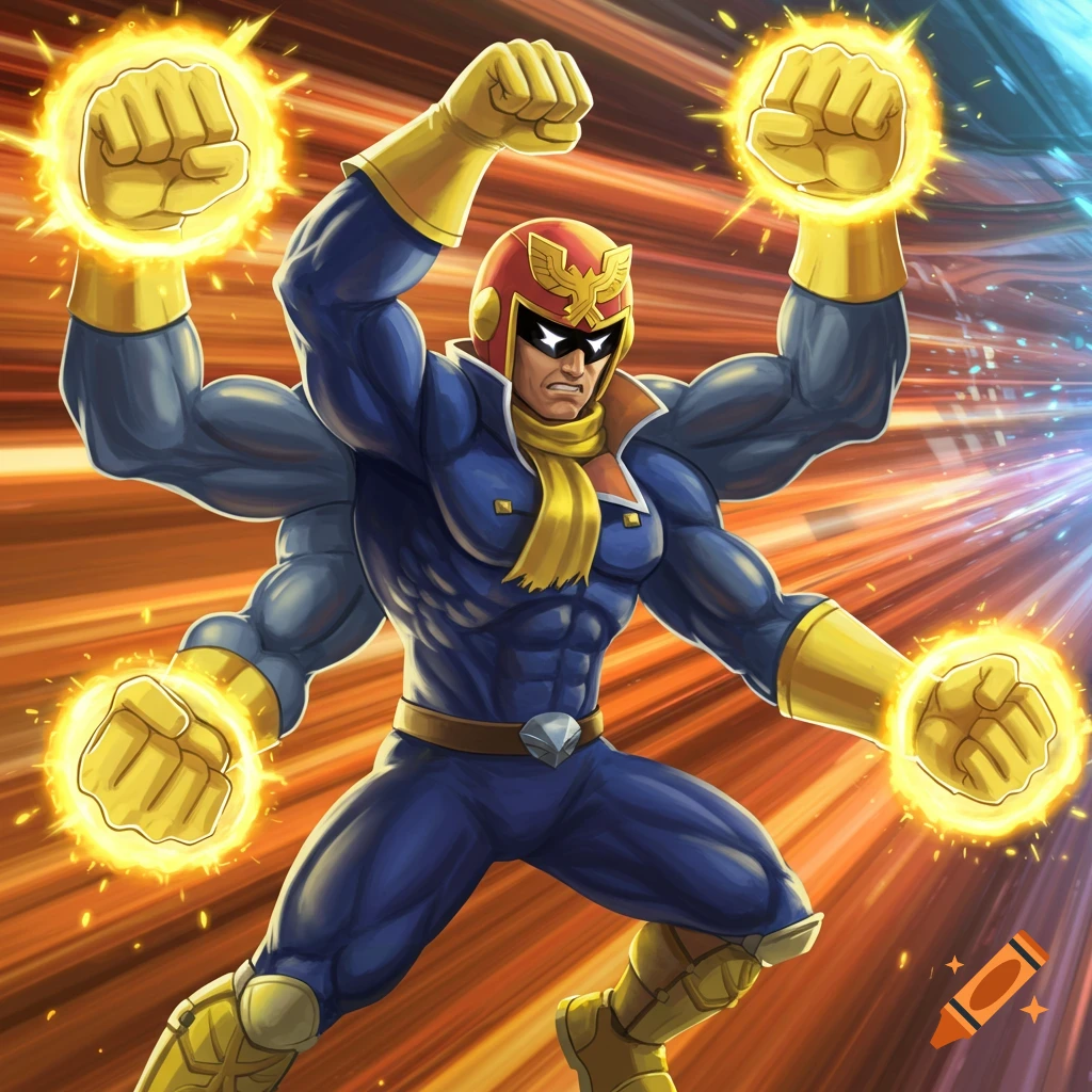 Captain Falcon using Falcon Punch with four arms like Machamp on Craiyon