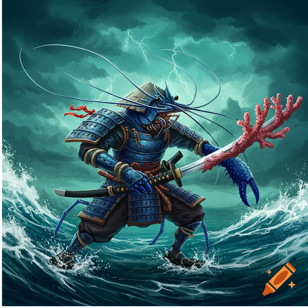 A shrimp in samurai armor standing in stormy water with a sword and a ...