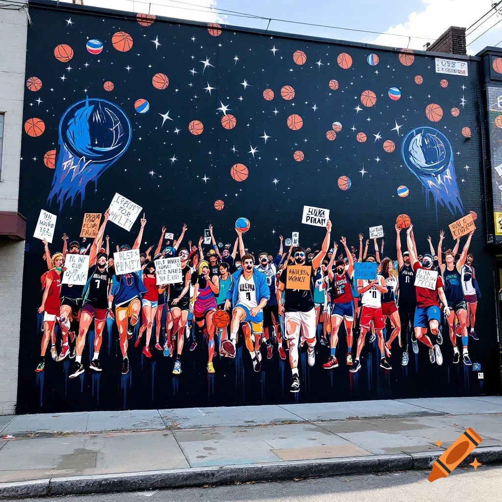 Mural depicting Mavs fans protesting Luka Doncic trade in Dallas on Craiyon