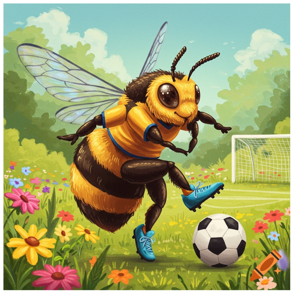 An illustration of a cartoon bee playing soccer in a field of flowers ...