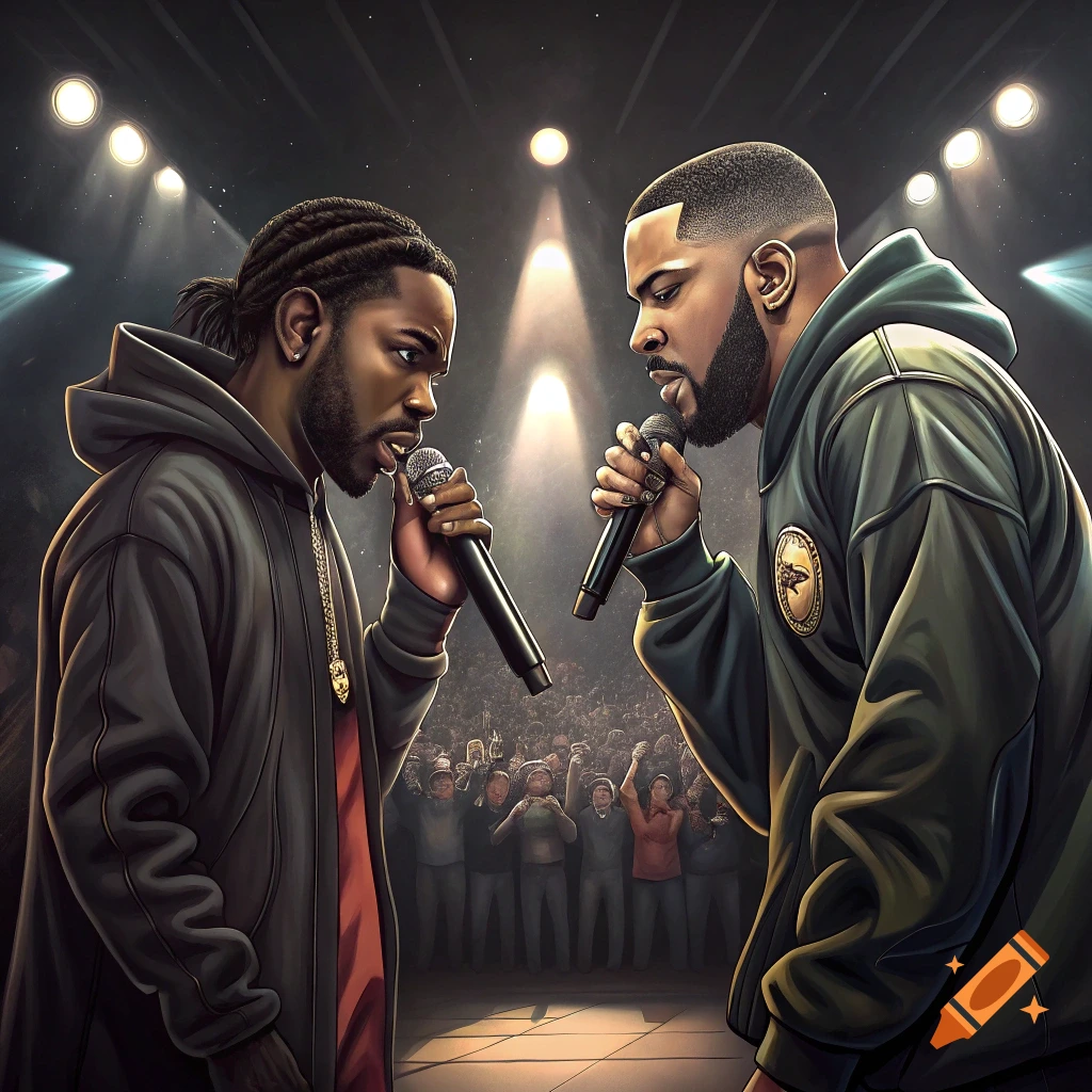 Two men rap battling on stage under spotlights with a cheering crowd. on Craiyon