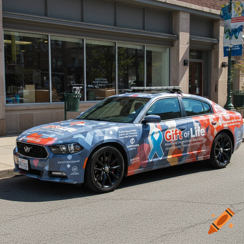 A car with a colorful geometric and text wrap is parked on a street. on ...