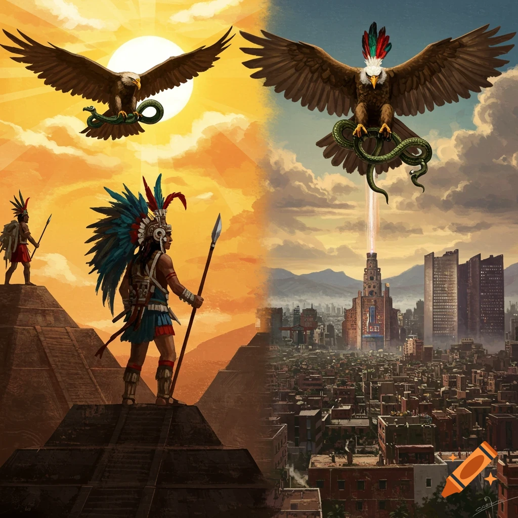 Split scene showing an Aztec figure on a pyramid gazing at modern ...