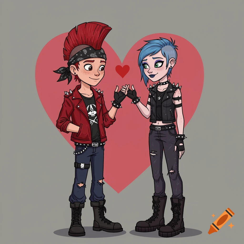 Cartoon illustration of a punk couple holding hands in front of a heart ...