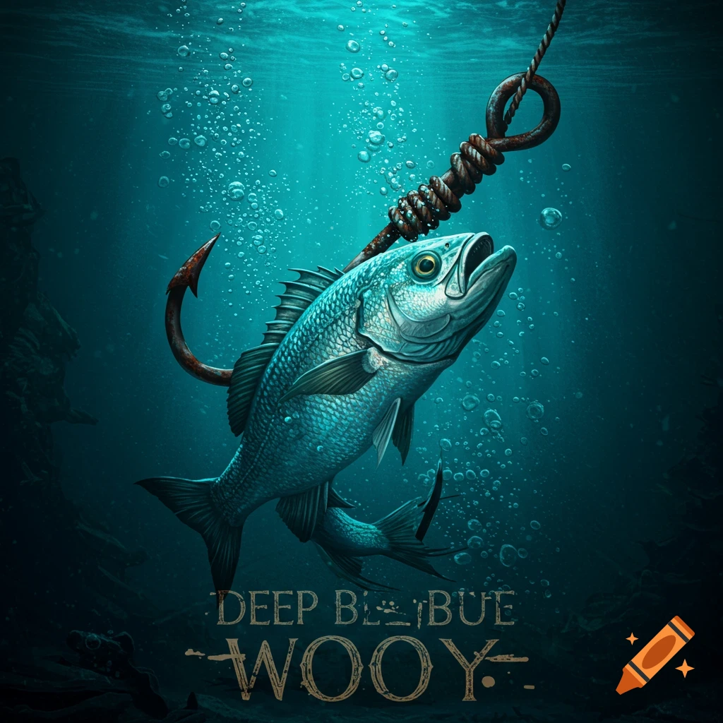 Fish hook with fish and words in deep blue, woody style image ...
