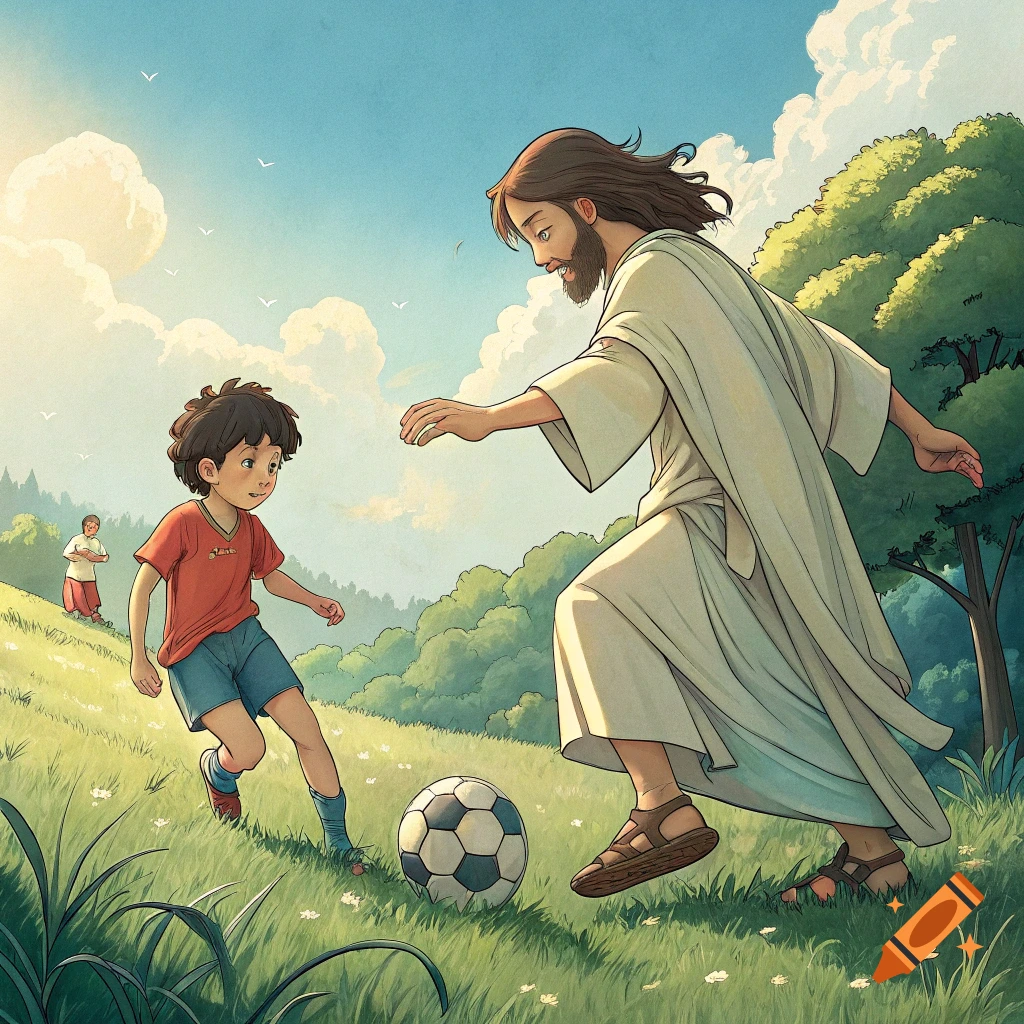 Jesus plays soccer with a boy in a grassy field, ghibli style. on Craiyon