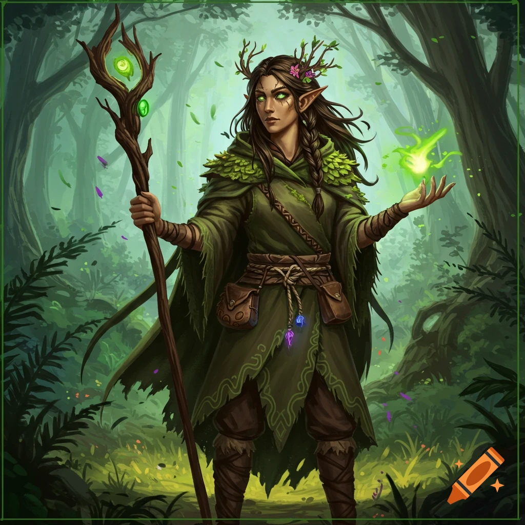 A male wood elf druid stands in a sunlit forest, holding a staff and ...