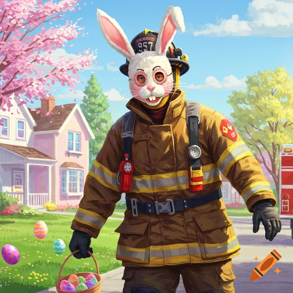Firefighter wearing Easter bunny mask on Craiyon