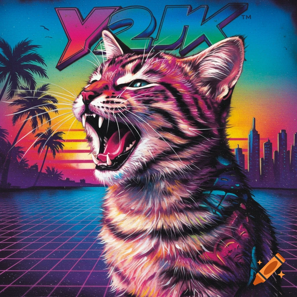 Yelling cat in airbrushed Y2K synthwave style with palm trees and city ...