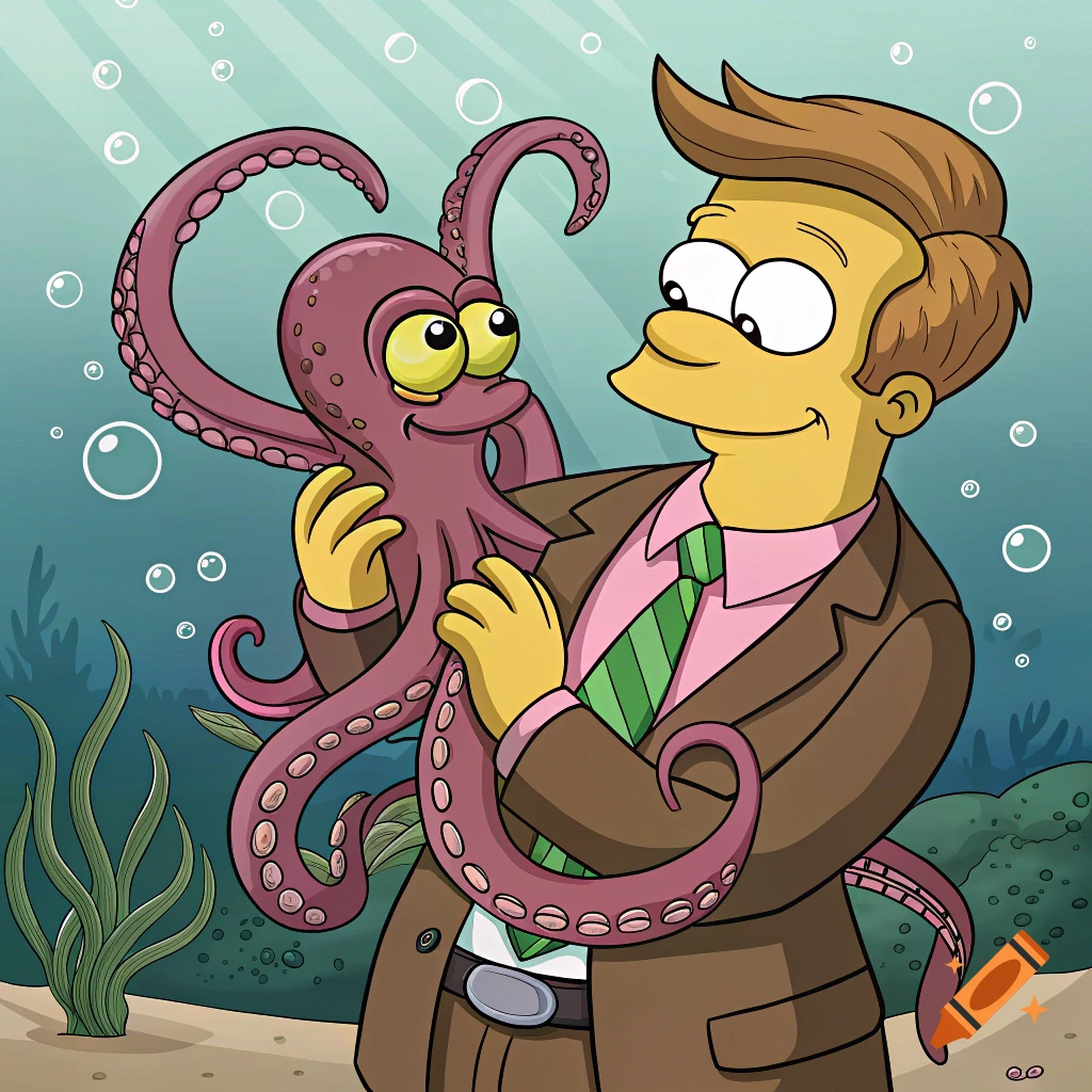Troy McClure hugging an octopus in The Simpsons style on Craiyon