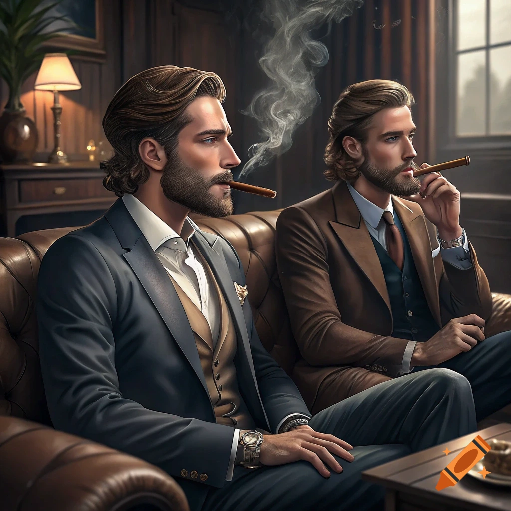 Two men in suits sit on a leather couch, smoking cigars in a formal ...