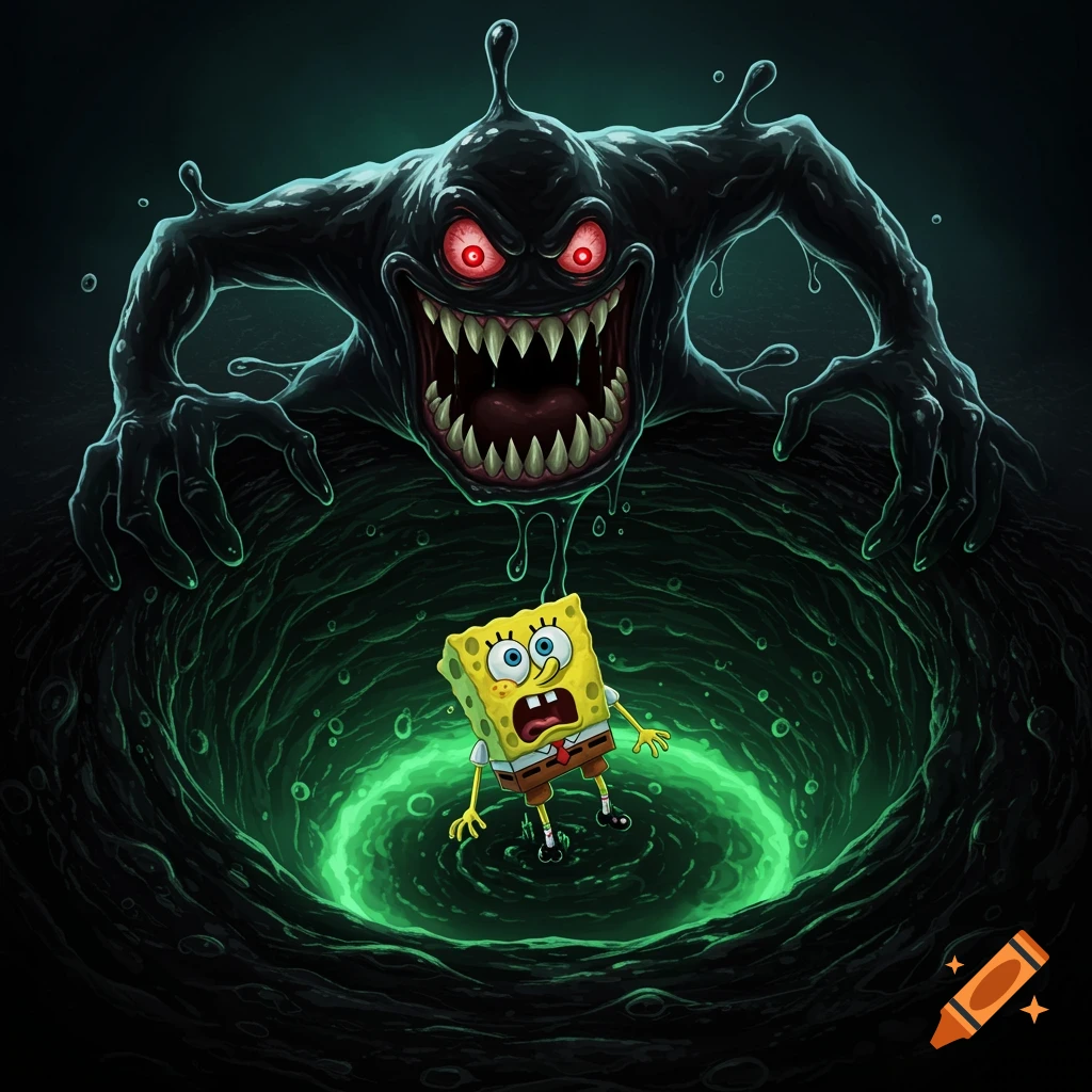 Inky black ooze monster dragging SpongeBob into bubbling pit on Craiyon