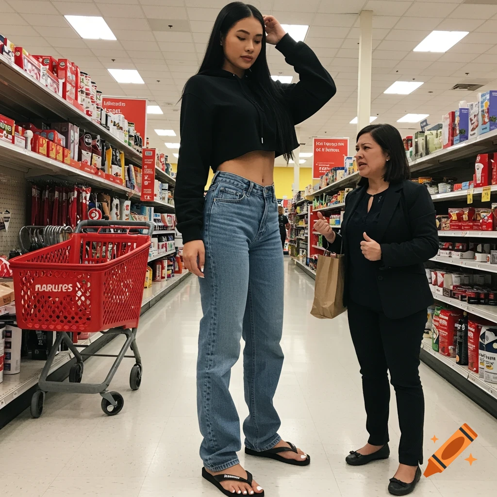 Filipina model in cropped hoodie and baggy jeans towering over a white ...