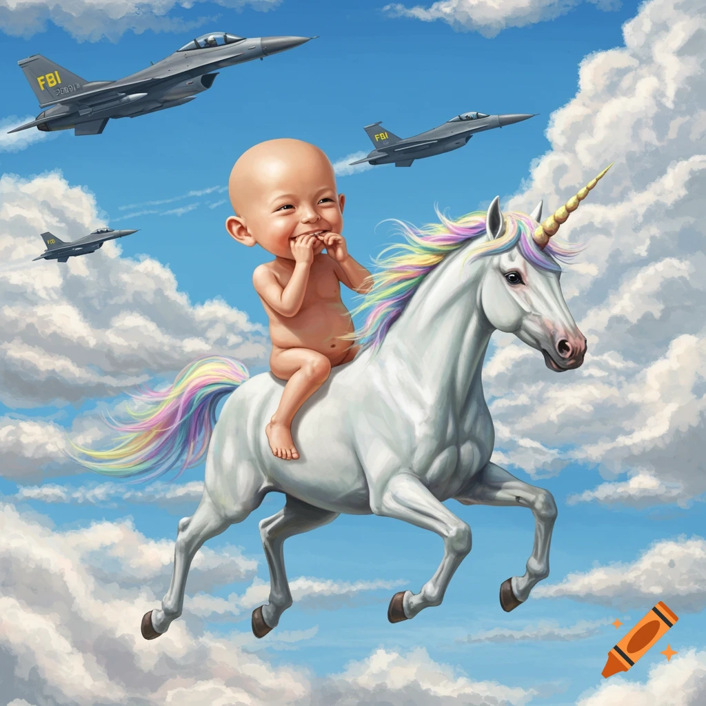 Autistic child riding unicorn escaping FBI fighter jets on Craiyon