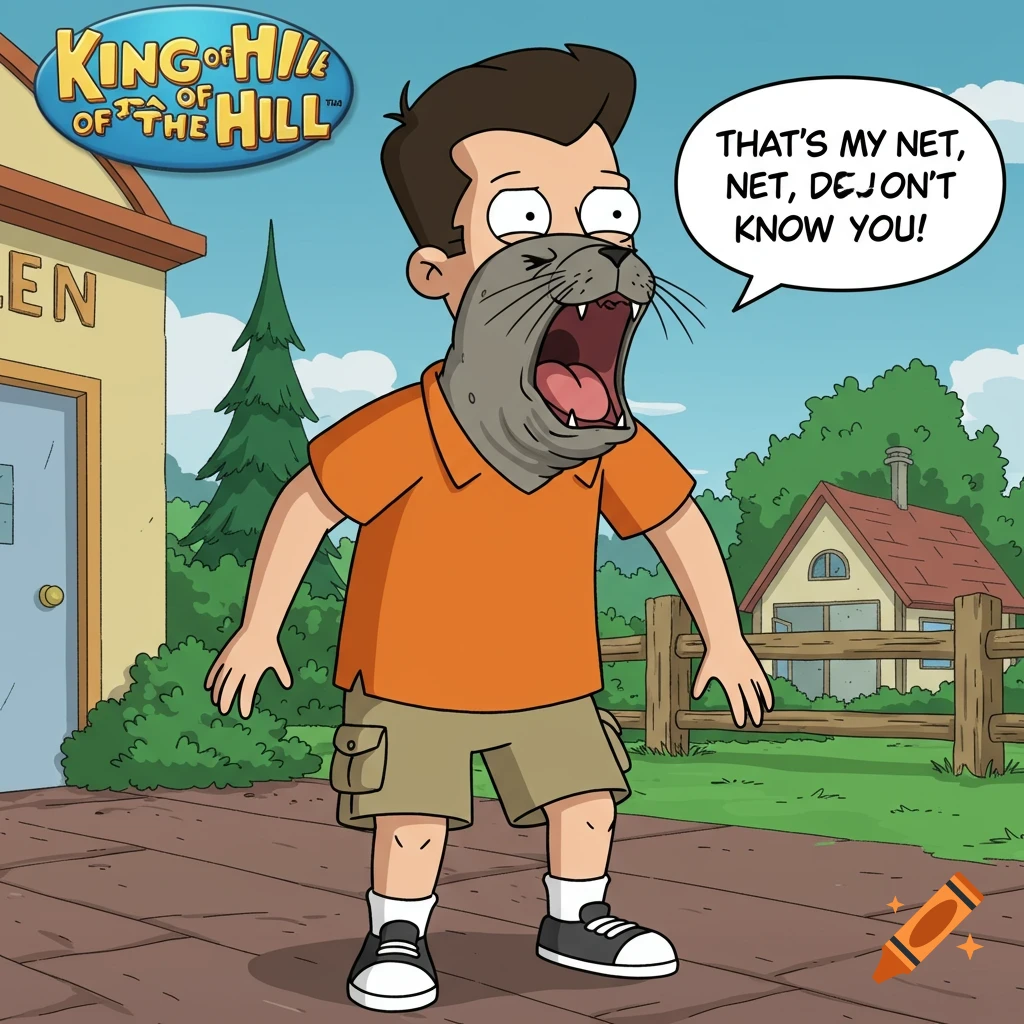 Bobby Hill with a seal head yelling "That's my net, I don't know you ...