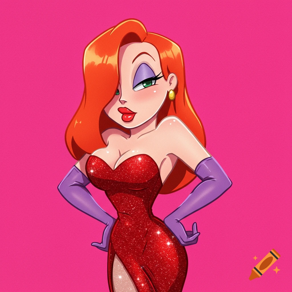 Stylized illustration of Jessica Rabbit in a black dress and purple gloves, striking a pose on a ...