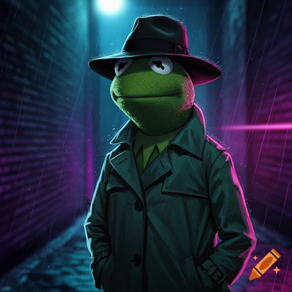 Kermit the Frog in a trench coat and fedora stands in a rainy street ...