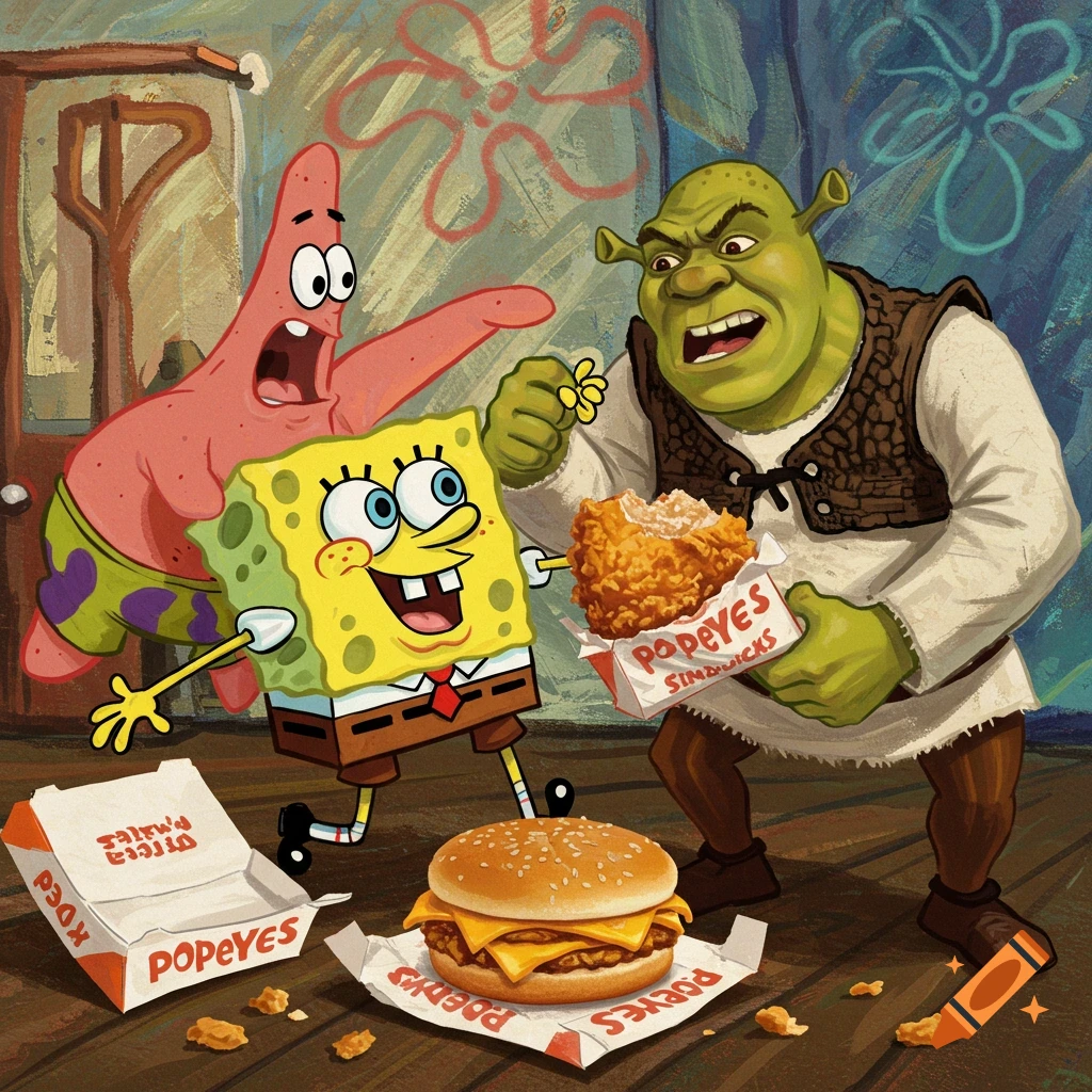 Spongebob and Shrek fighting over a Popeyes chicken sandwich, Picasso ...