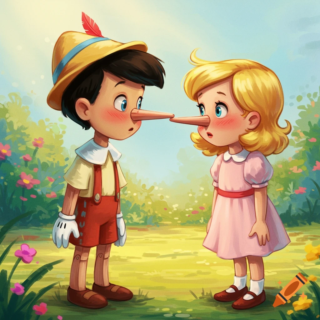 Cartoon children resembling Pinocchio touching noses in a garden, whimsical. on Craiyon