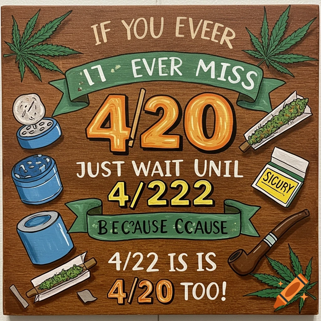 Sign with weed leaves and accessories saying 4/22 is 4/20 too on Craiyon