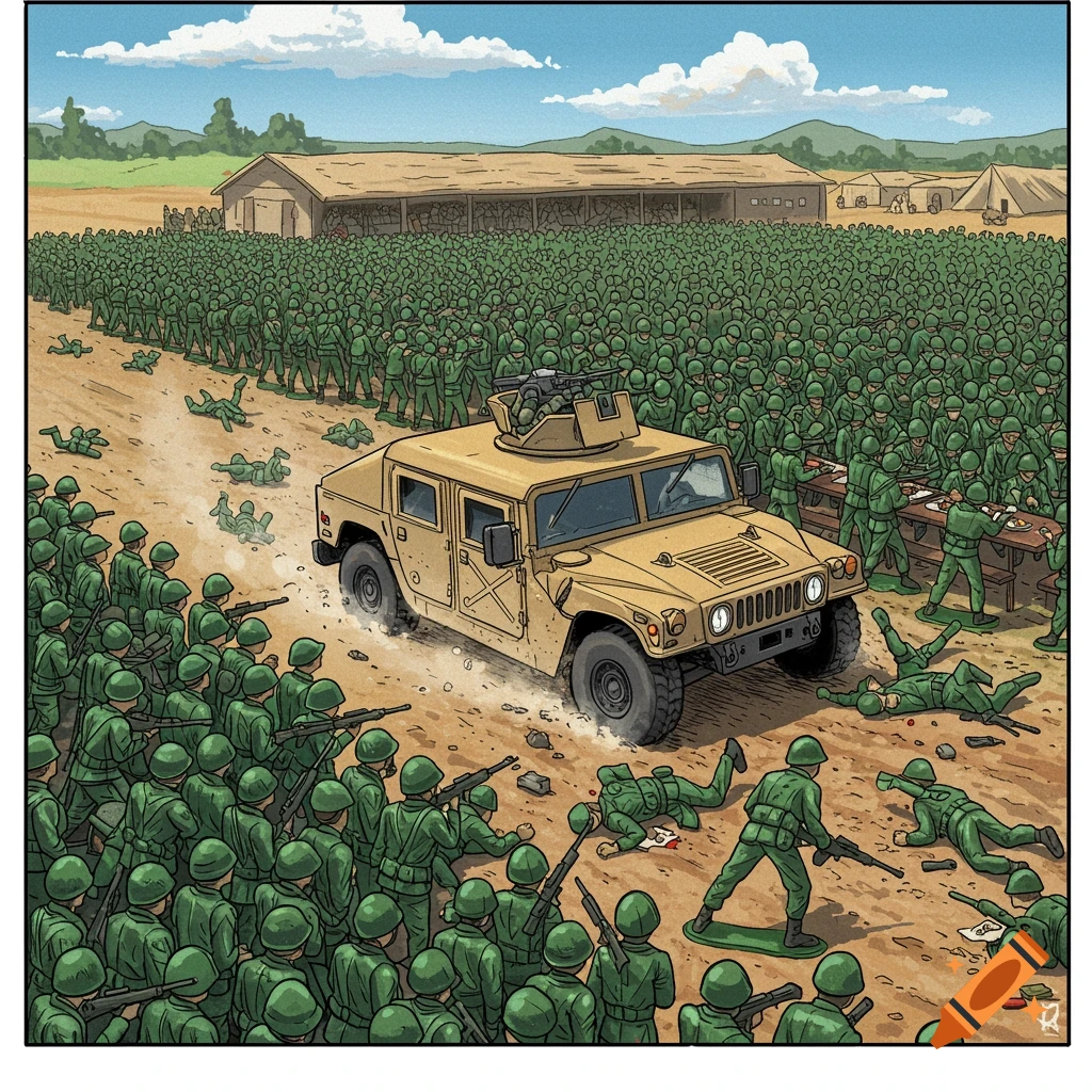 Humvee driving through crowd of plastic army men on Craiyon