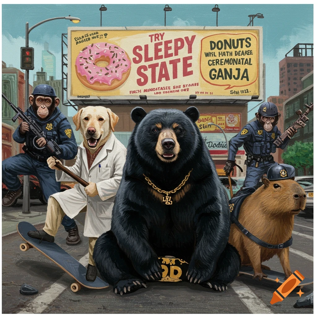 Painting of a rapper bear, scientist labrador, police monkeys, and ...