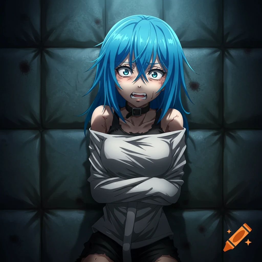 An anime woman in a straitjacket looks distressed in a padded cell. on ...