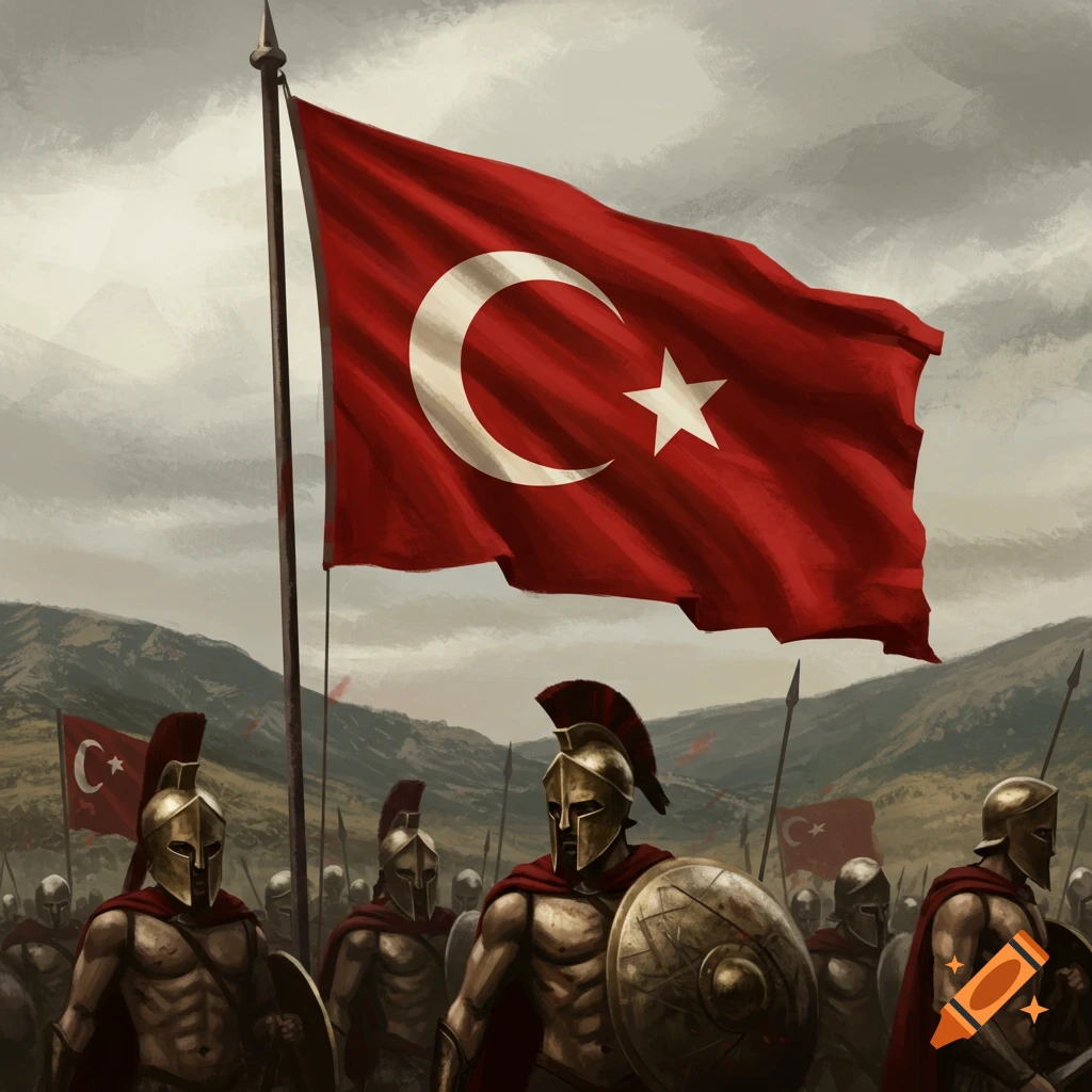 Spartan-like soldiers with a large Turkish flag in a battle scene. on ...