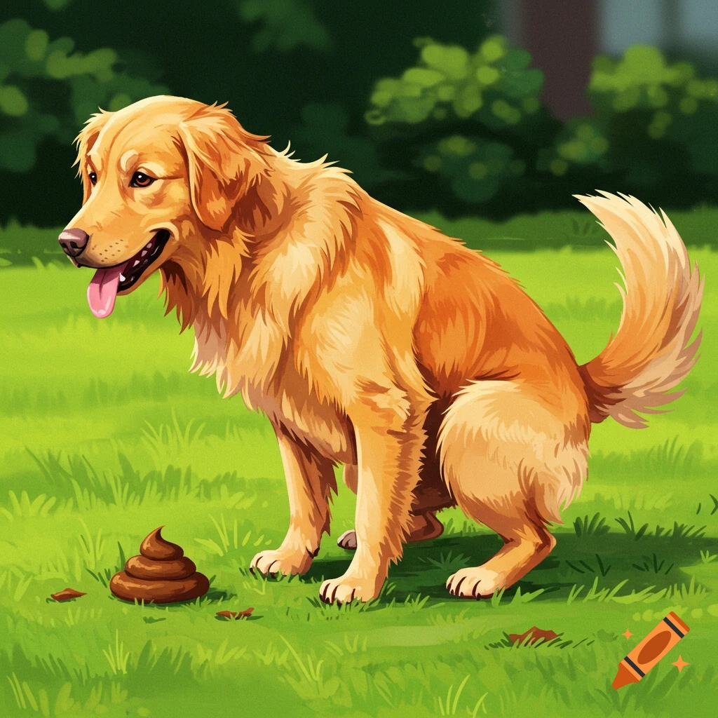 A golden retriever dog sits next to poop on the grass. on Craiyon
