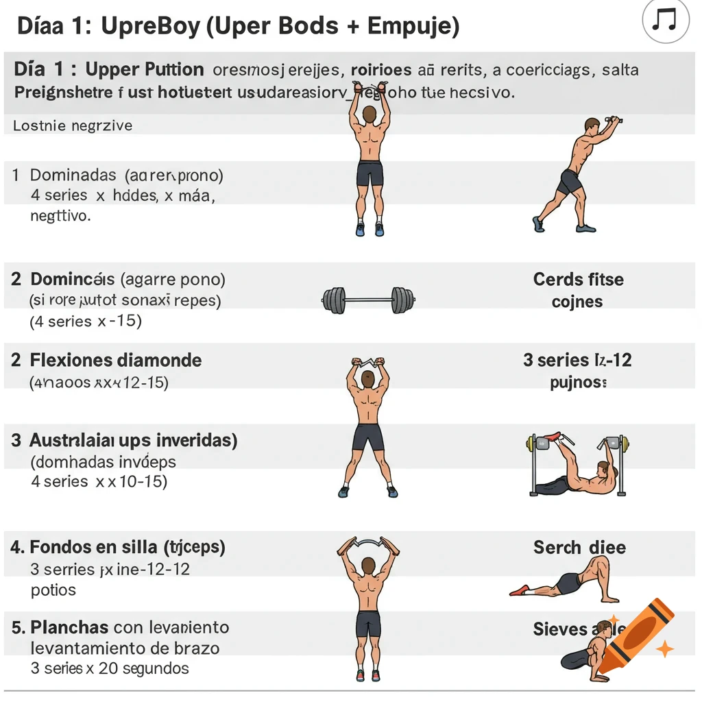 Excel table showing upper body workout routine on Craiyon