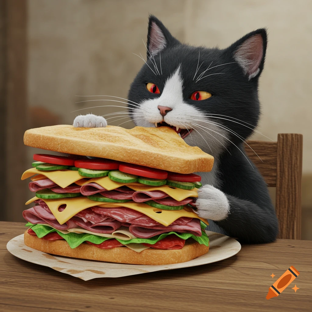 A cute kitten peeks out from a large, cartoonish sandwich filled with ...