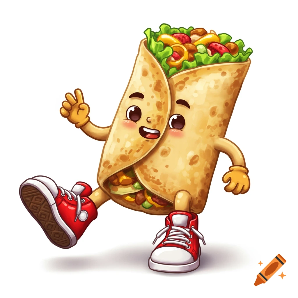 Cartoon burrito character wearing red shoes, giving a peace sign ...