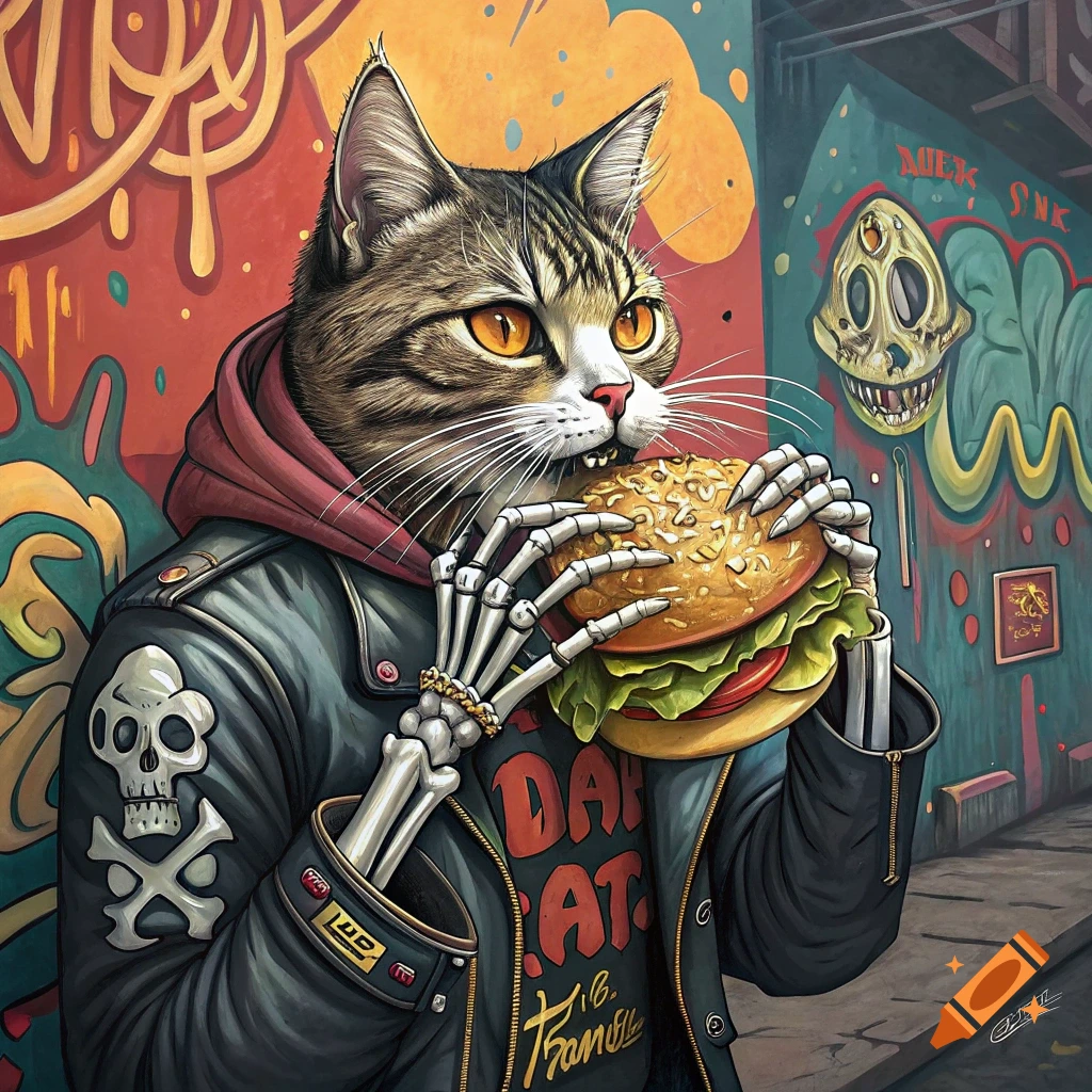 Cat eating a burger with skeleton hands, Otis the wrestler and Penta El ...