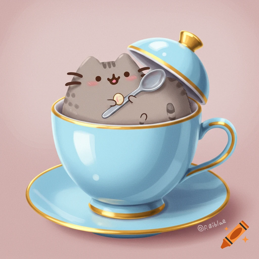 Cartoon cat (Pusheen) sitting inside a teacup with a lid, holding a ...