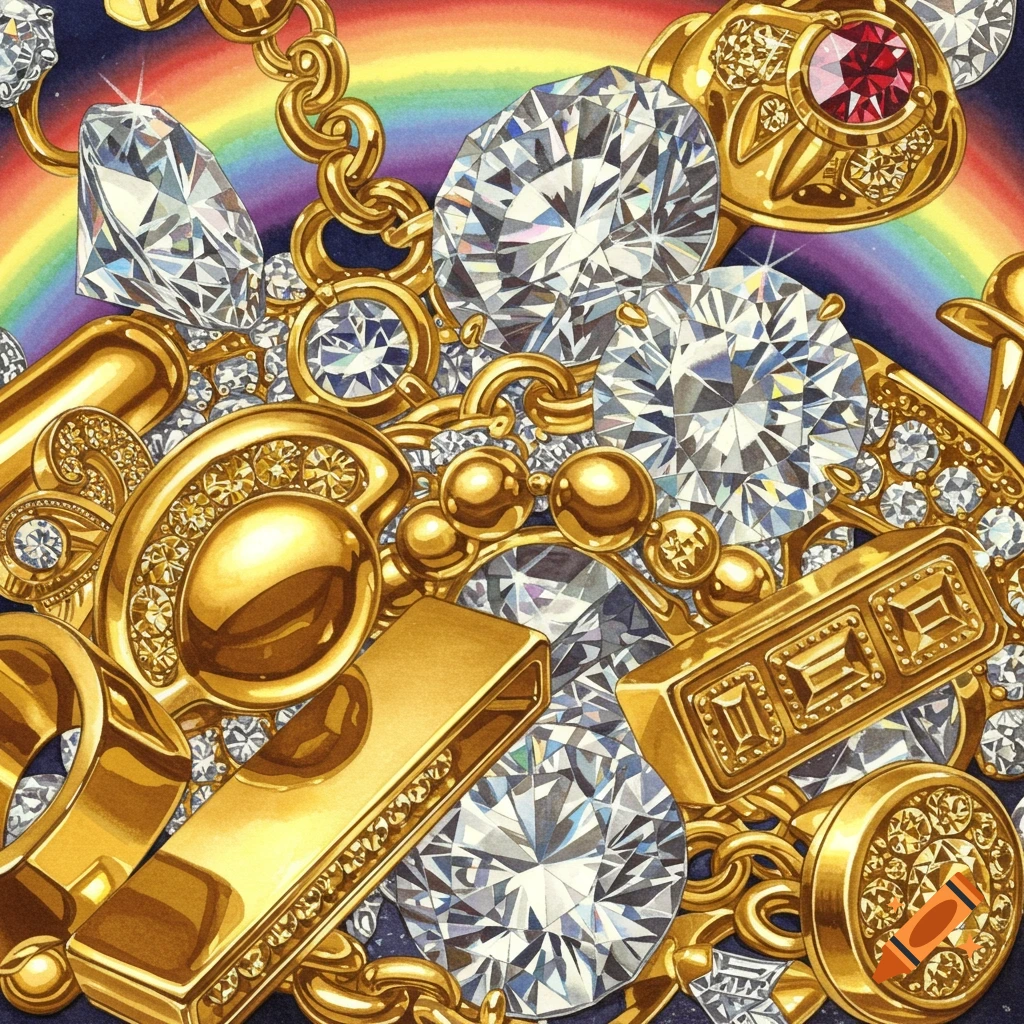 Close-up of gold jewelry, diamonds, and gemstones with a rainbow ...