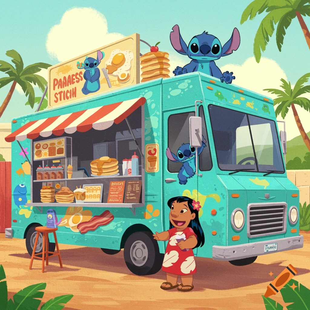 Lilo and Stitch characters on a turquoise food truck serving breakfast ...