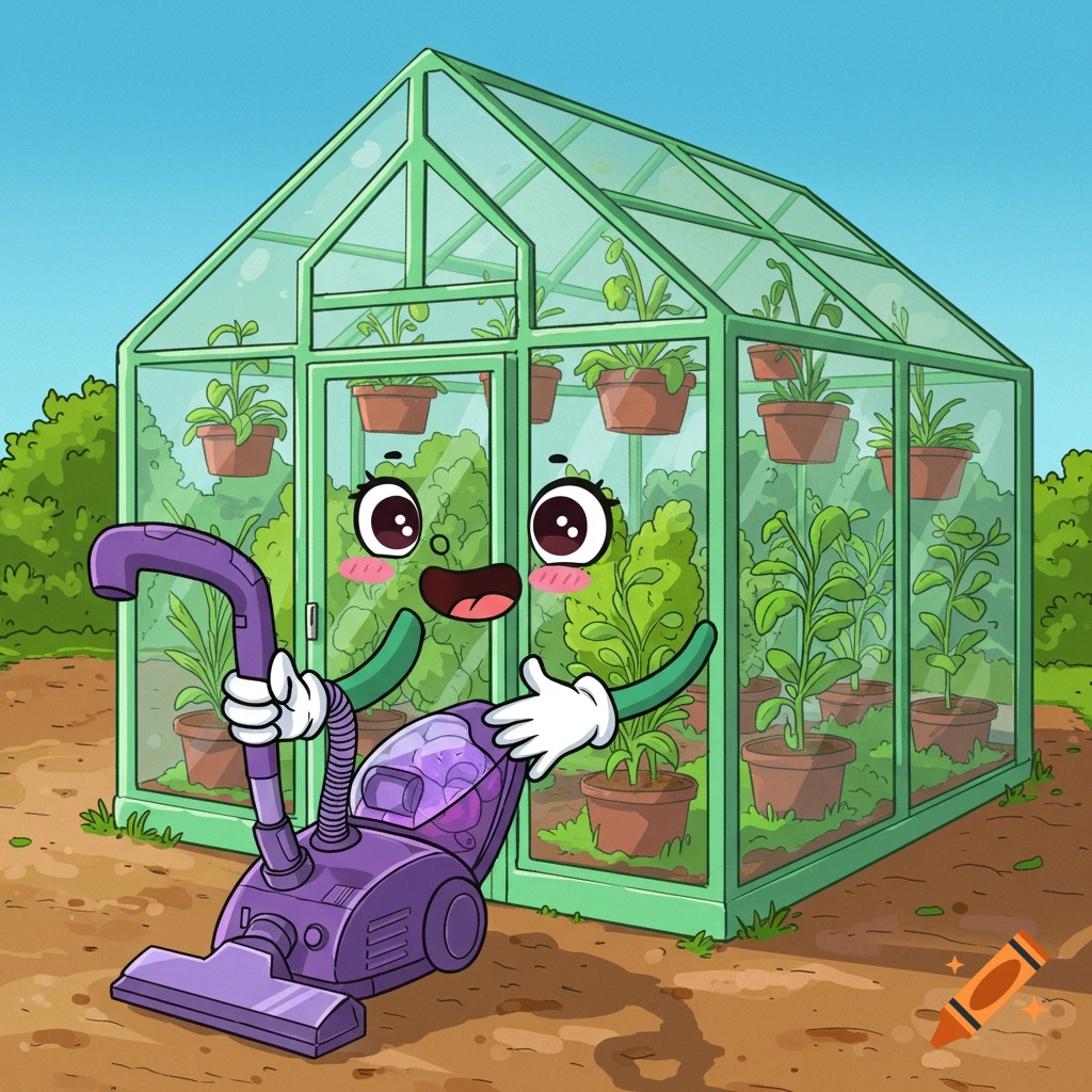 A purple cartoon vacuum character with eyes and arms stands in front of ...