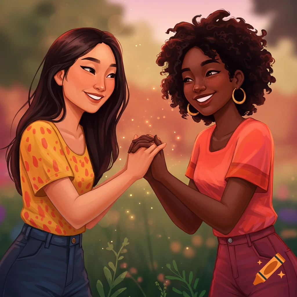 Two women holding hands in a field at sunset. on Craiyon